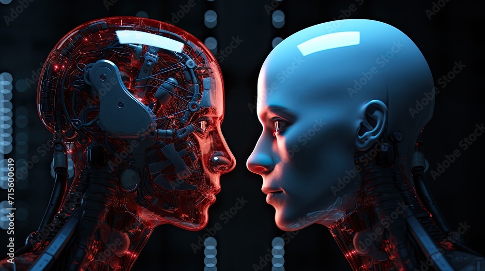 Couple in love: a man and a futuristic android robot. Technological sci ...