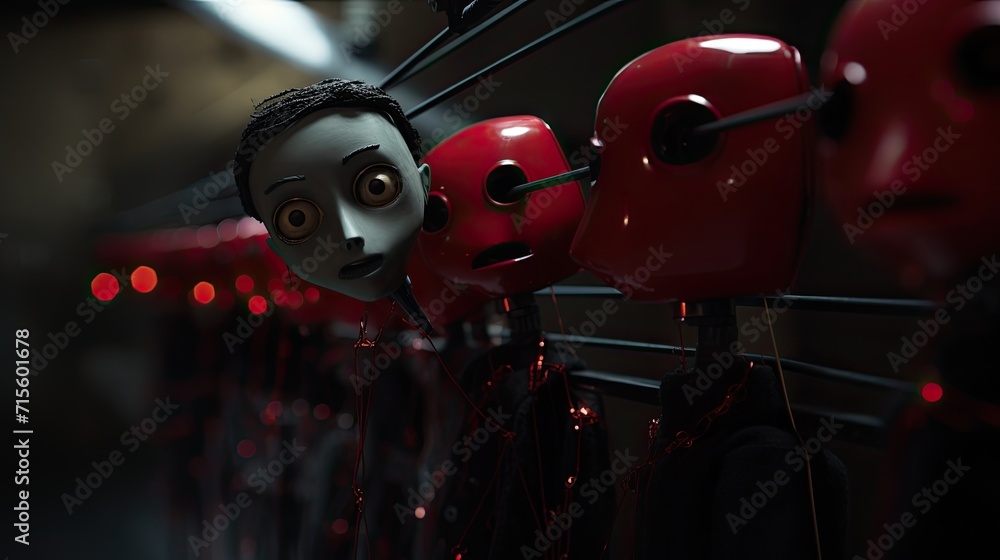 Evil android puppet portrait. Crazy villain with red eyes on a ...