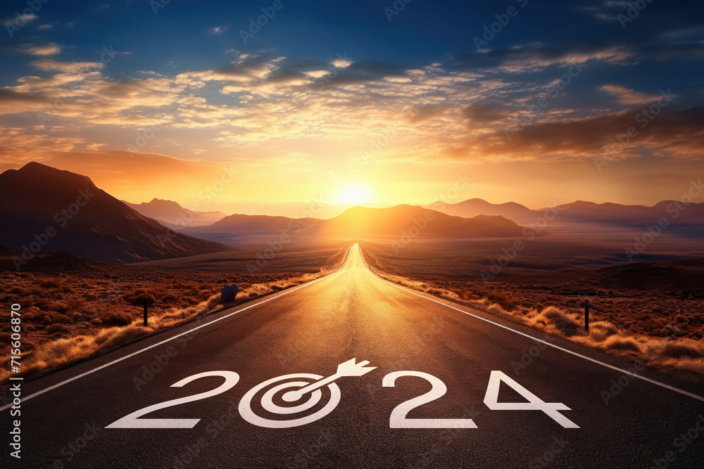 2024 letter with goal icon on country highways road with mountain over ...