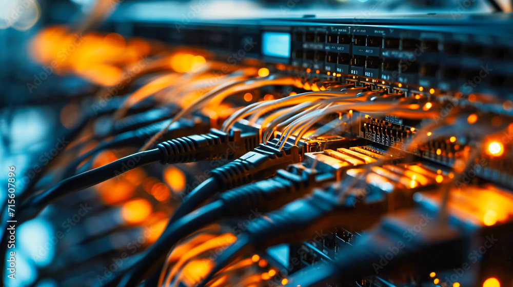 High-Speed Ethernet Connection: Close-up of a network switch and cables, showcasing the high ...