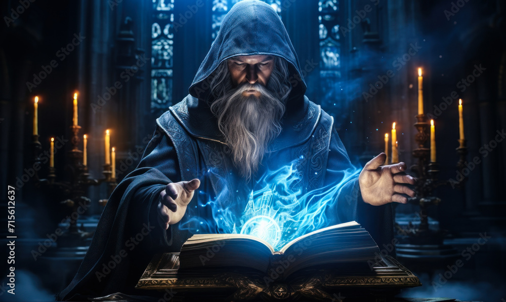 Mystical ancient wizard conjuring blue magical energy from an arcane ...