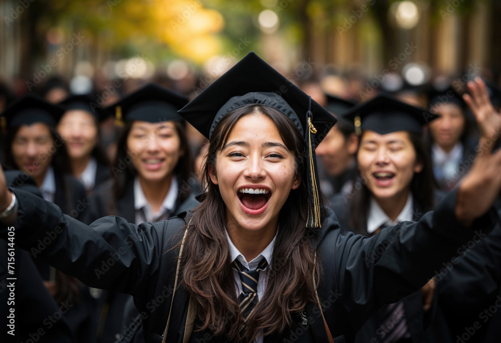 Generative AI illustration of ecstatic young woman in graduation cap ...