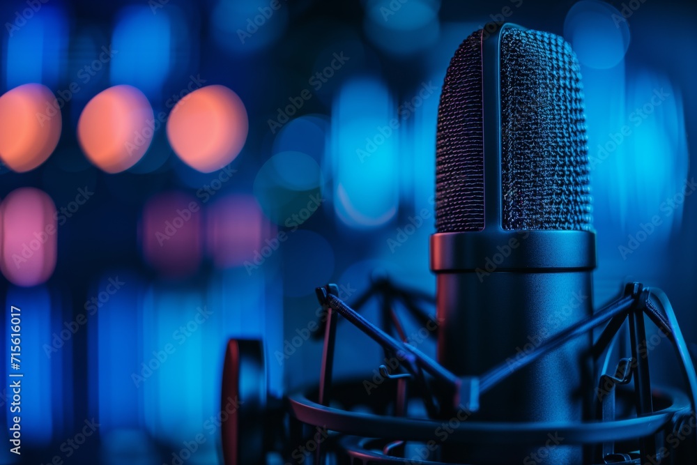 Blue Background With Microphone And Waveform, Perfect For Broadcasting ...