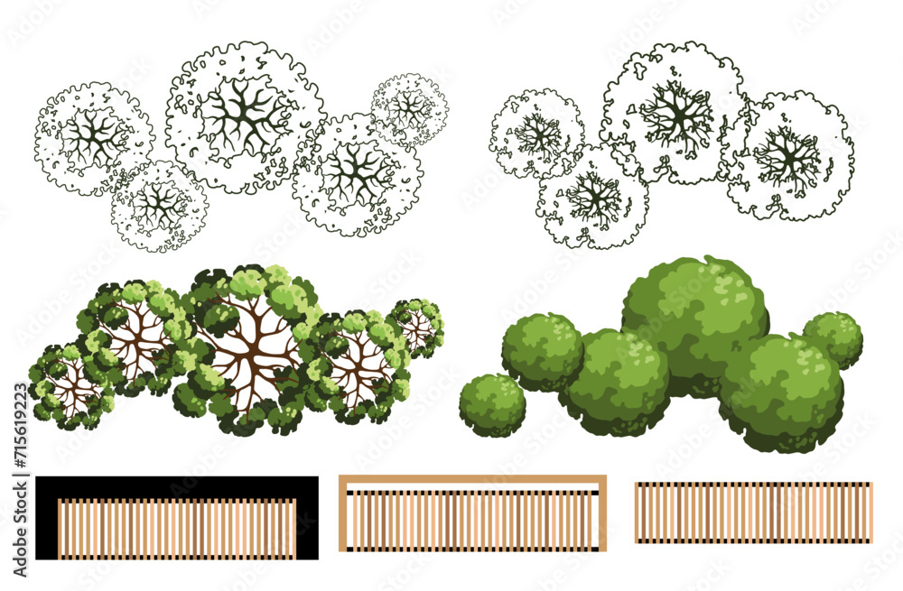 Top view elements for the landscape design plan. Trees and benches for ...
