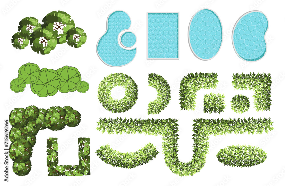 Top view elements for the landscape design plan. Trees and pools for ...