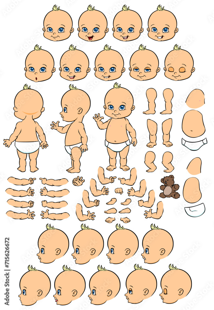 Set with a cute baby boy in a diaper. boy with different emotions ...