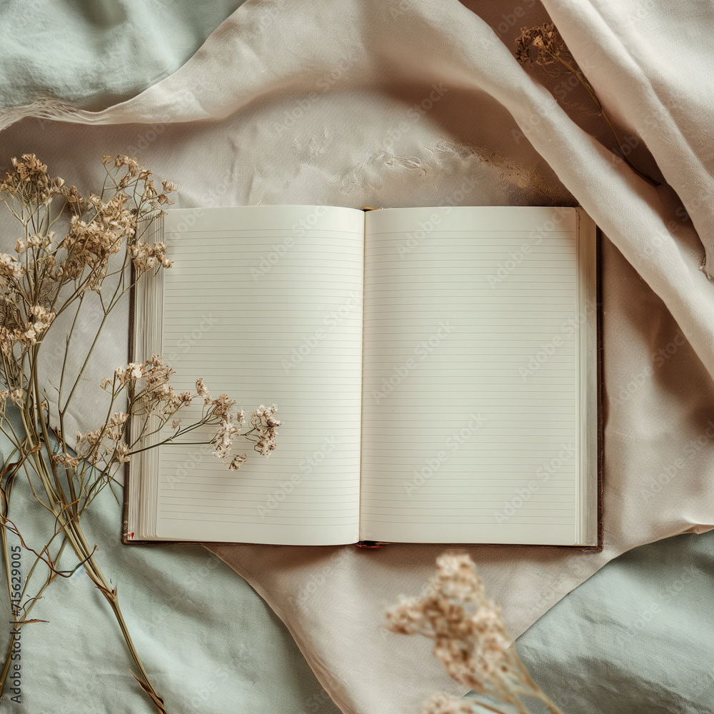 Open diary or planner with empty blank pages, lying on a gentle beige ...