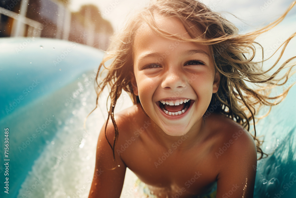 Summer holidays children in aquapark having fun sliding water splash ...