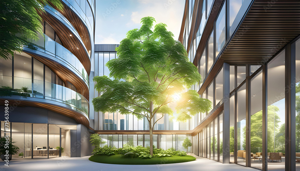 Ecological building in a modern city, 3D-rendering, a stable glass ...