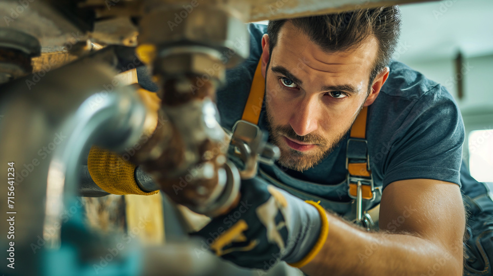 Plumber at work replacing an old, corroded, rusty pipe system or a pipe ...