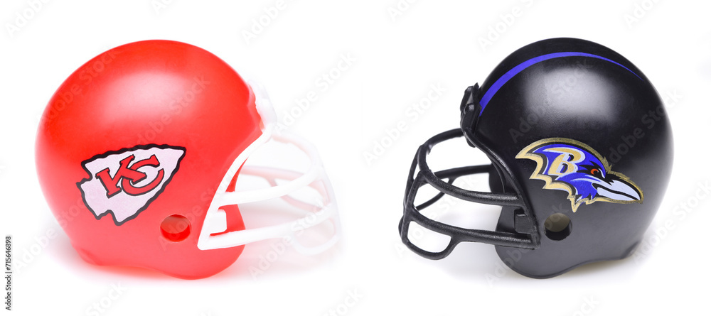 IRVINE, CALIFORNIA - 22 JAN 2024: Helmets for the Kansas City Chiefs ...