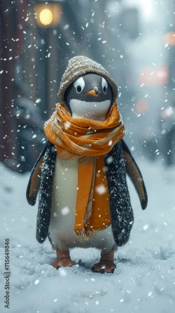 Dapper penguin struts through city streets in tailored elegance ...