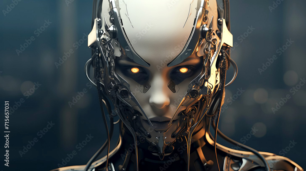 A cinematic image of a female bionic robot in cyberpunk style wearing a ...