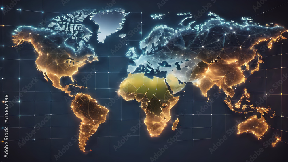 Polygonal mesh network map of world of lines and points, dots and ...