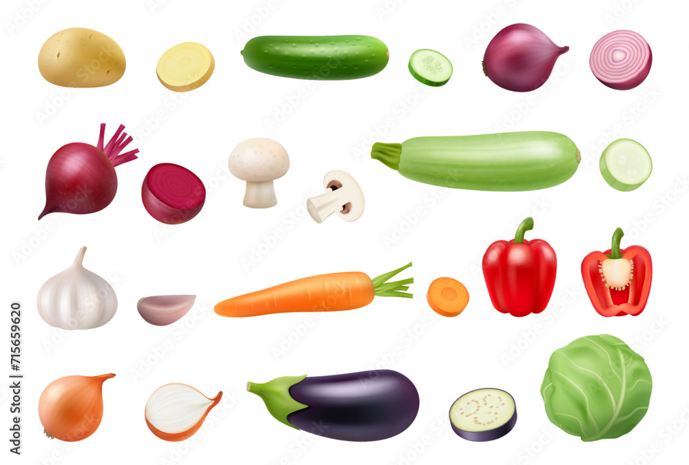 Organic harvested vegetables, whole parts and pieces. Vector isolated ...