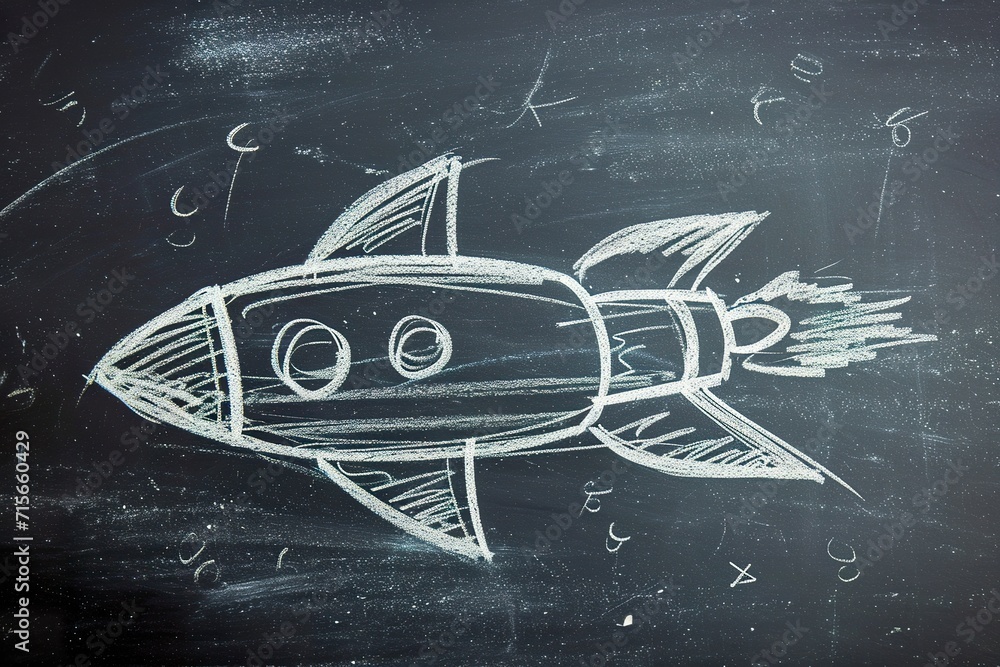 An exciting rocket drawing with precise details made with white chalk ...