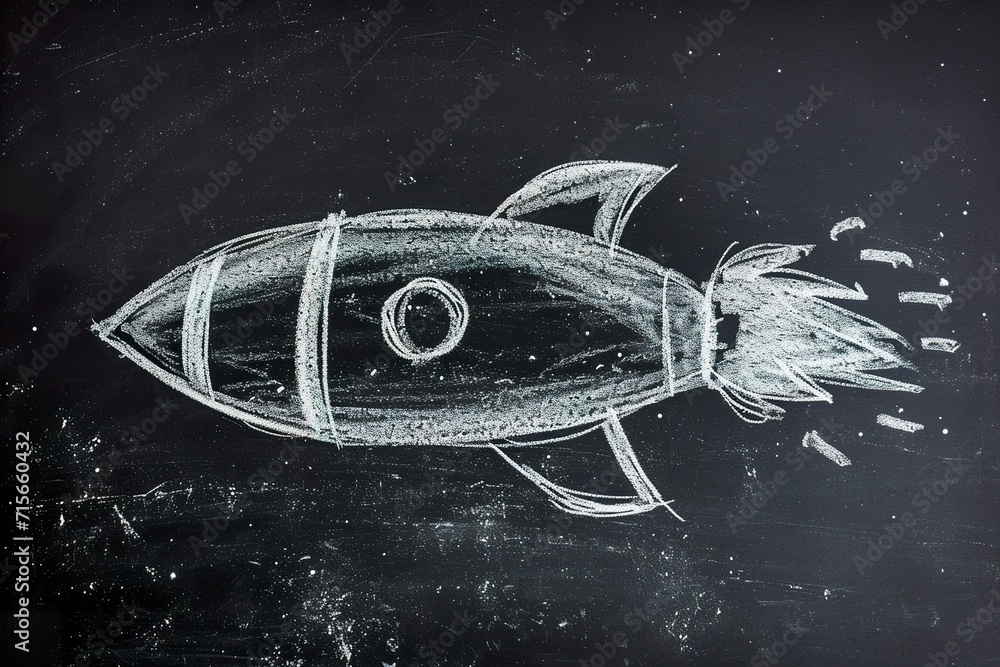 An exciting rocket drawing with precise details made with white chalk ...