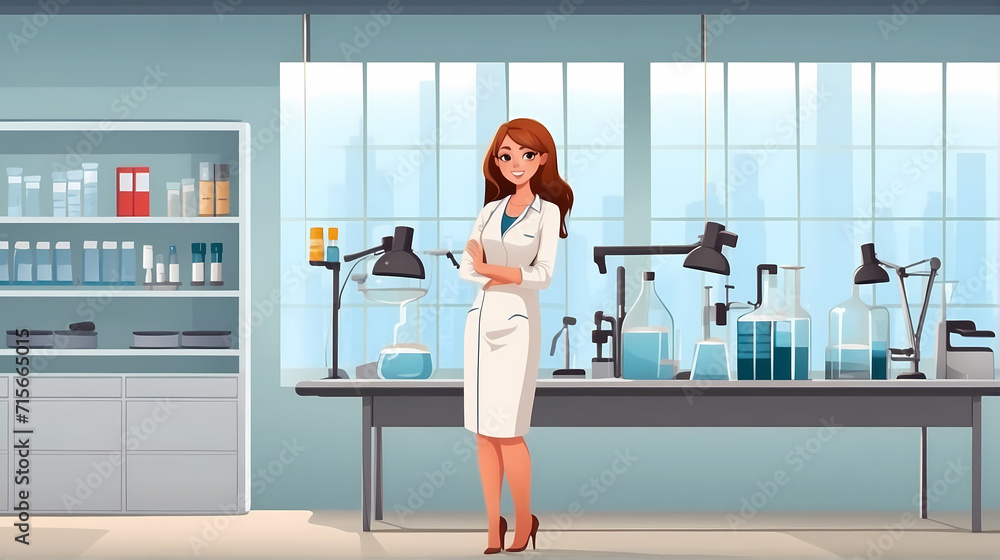 beautiful woman stand in front of a laboratory lab background ...