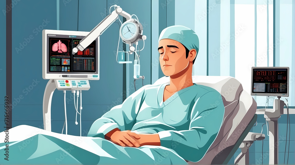 Patient suffer from cancer disease. Male character sleep on bed for ...