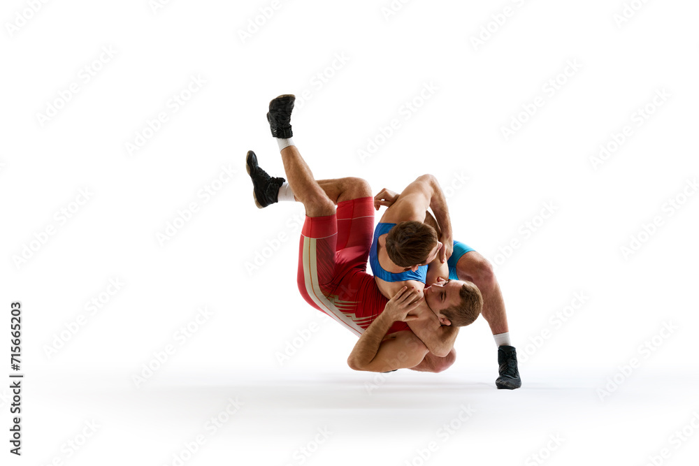 Two strong wrestlers in blue and red wrestling uniform fighting and ...
