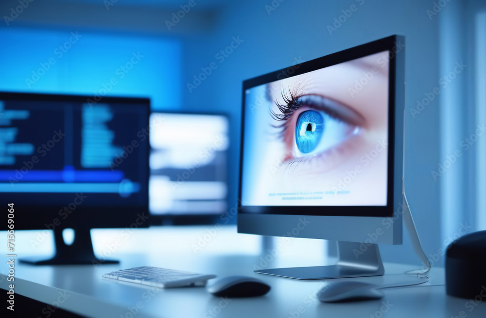 Desktop Computer Monitor with Blue Neon Eye on the Desk in the Modern ...