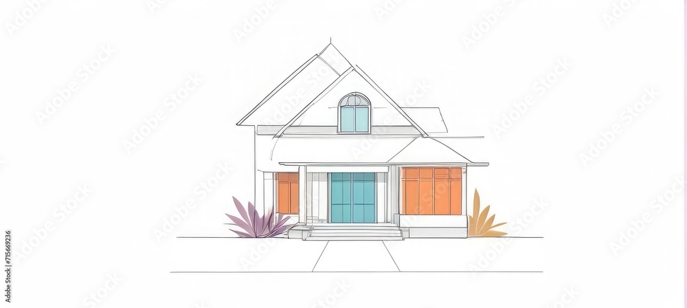 house drawing or Sketch of a detached house with a garden duplex floor ...