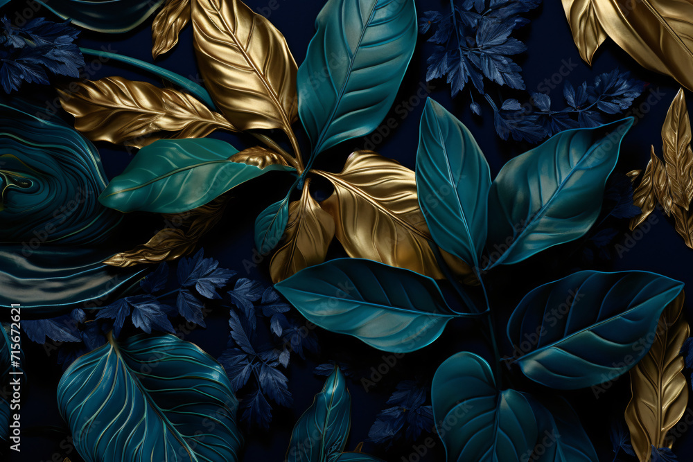 gold leaves on dark blue background with gold leaf stamp, in the style ...