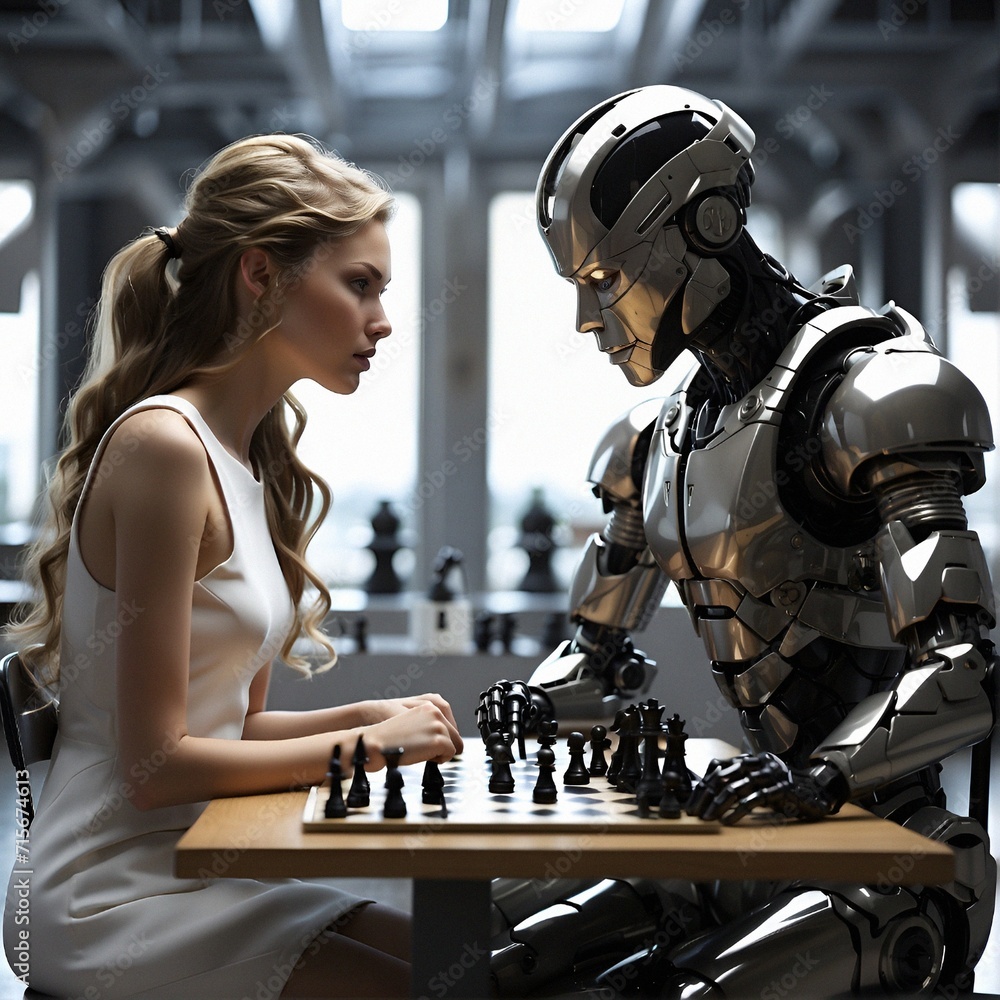 Digital duel: Acute young girl takes on a cyborg in chess, exploring the future of human vs. AI ...