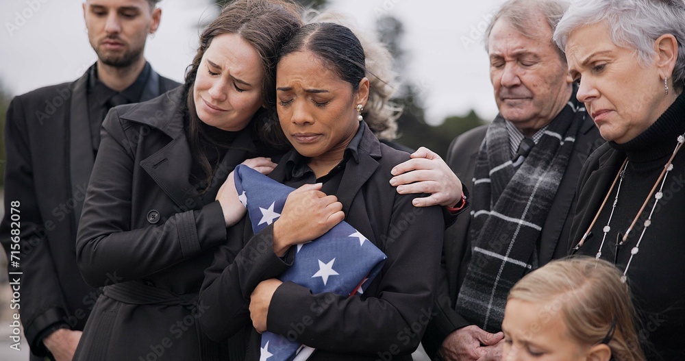Sad, family and funeral with comfort, woman and support with compassion ...