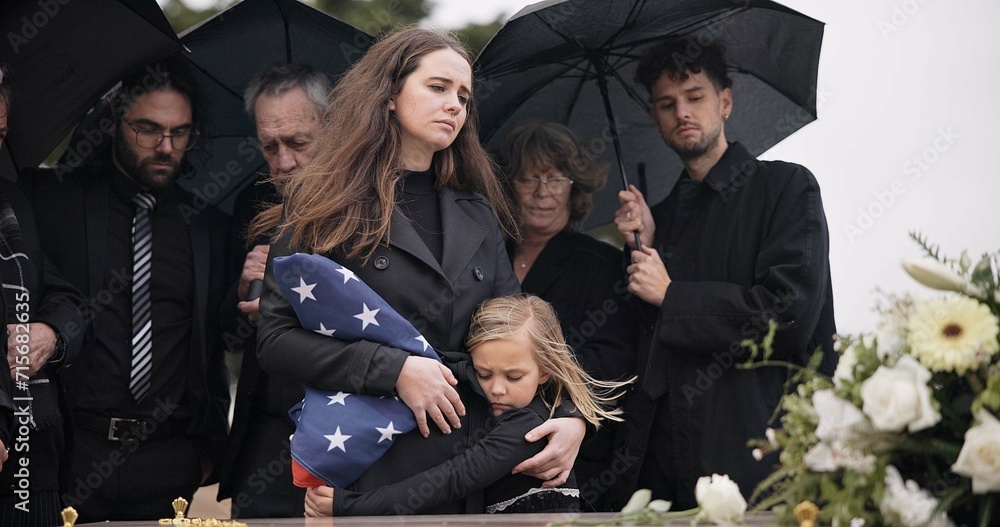 Funeral, family and sad people with American flag, grief and mourning ...
