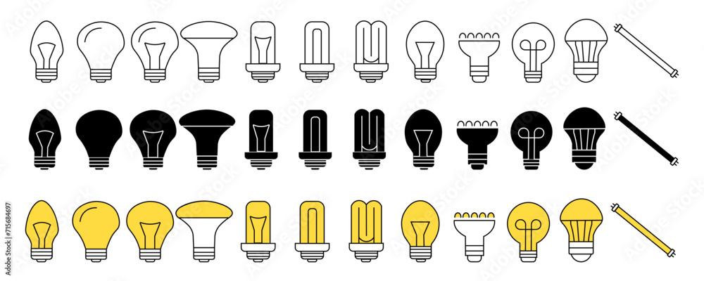 Light bulbs in different sizes and shapes, vector icons set. Different ...