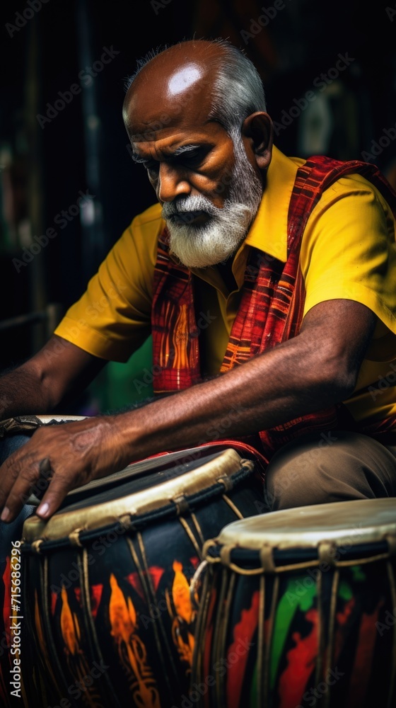 Sri Lankan old man making the traditional drums or bera. Showing the ...