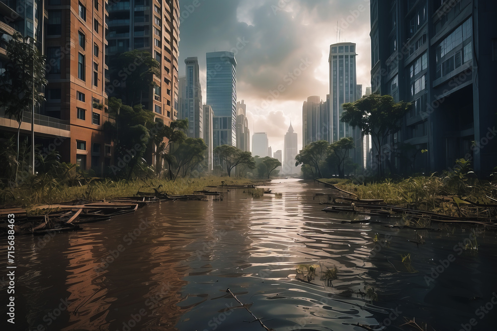 Coastal city experiencing flooding from rising sea levels with ...