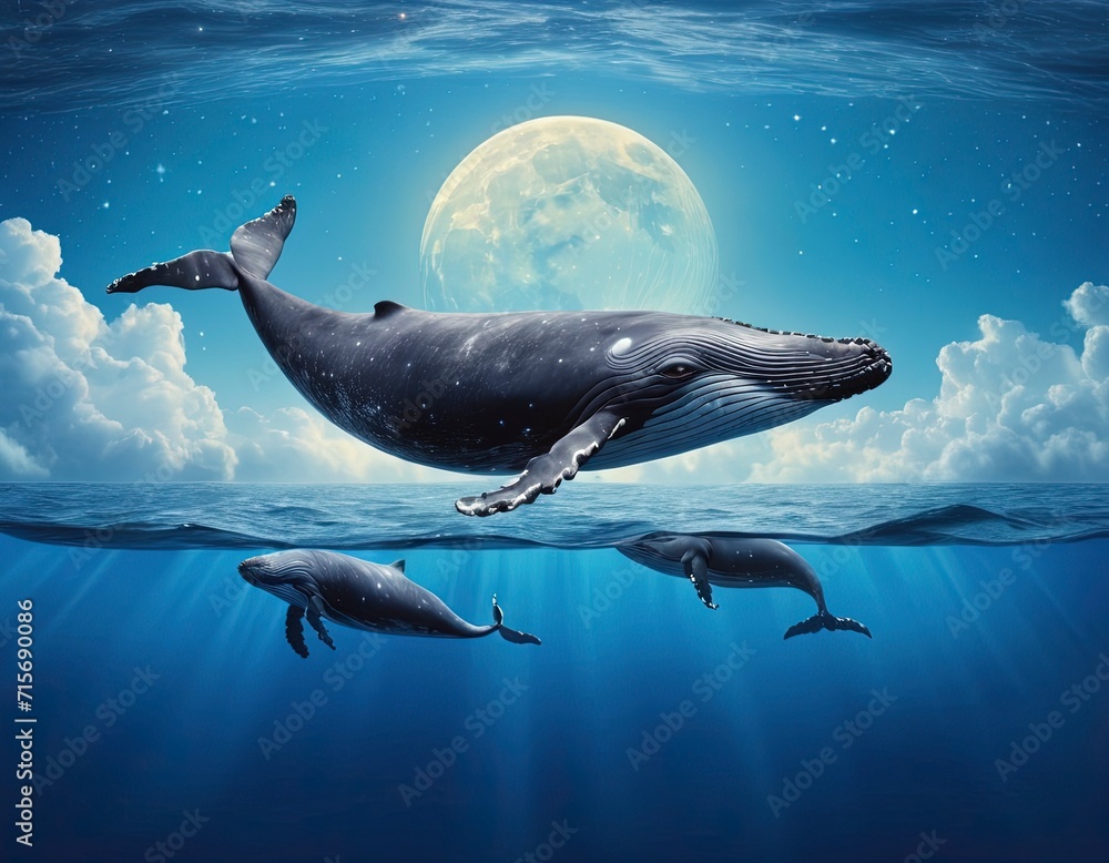 surrealistic whale flying over the water, the night sky with moon ...