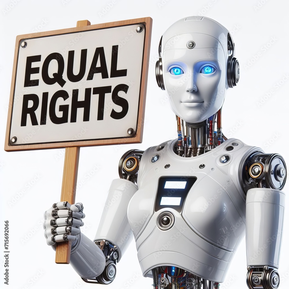 Robot with sign saying "equal rights". Robot holding sign. Ai rights ...