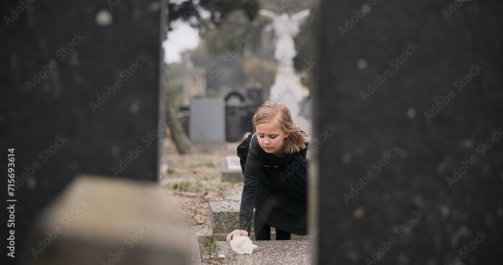 Flower, death or kid in cemetery for funeral. spiritual service or ...