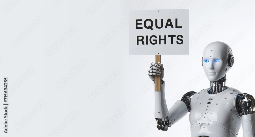 Robot with sign saying "equal rights". Robot holding sign. Ai rights ...