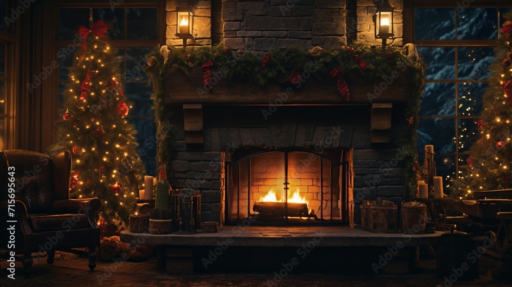 Warm and inviting Christmas scene featuring a roaring fireplace ...