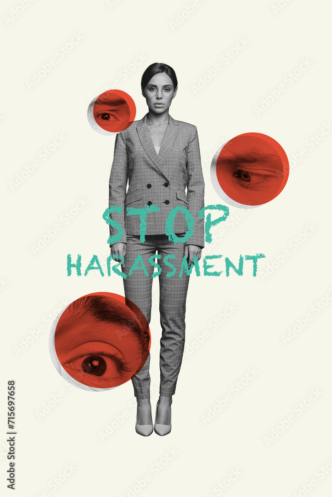 Collage 3d image pop retro sketch of beautiful female stop harassment ...