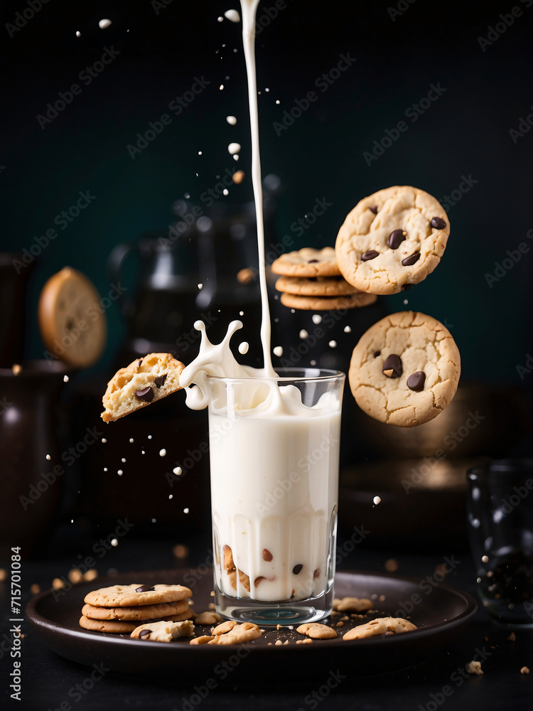 Cookies and milk creative photography, crunchy cookies and milk pouring ...