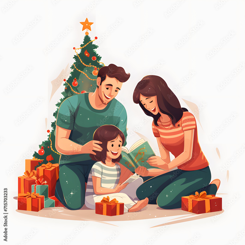 Family opening presents under a christmas tree isolated on white ...