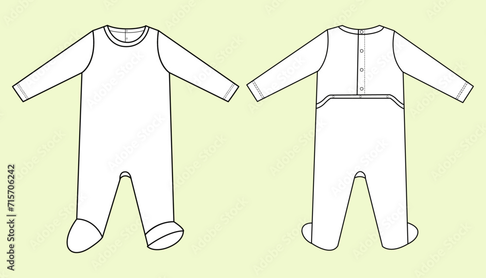 Long sleeve sleepsuit romper design flat sketch fashion illustration ...