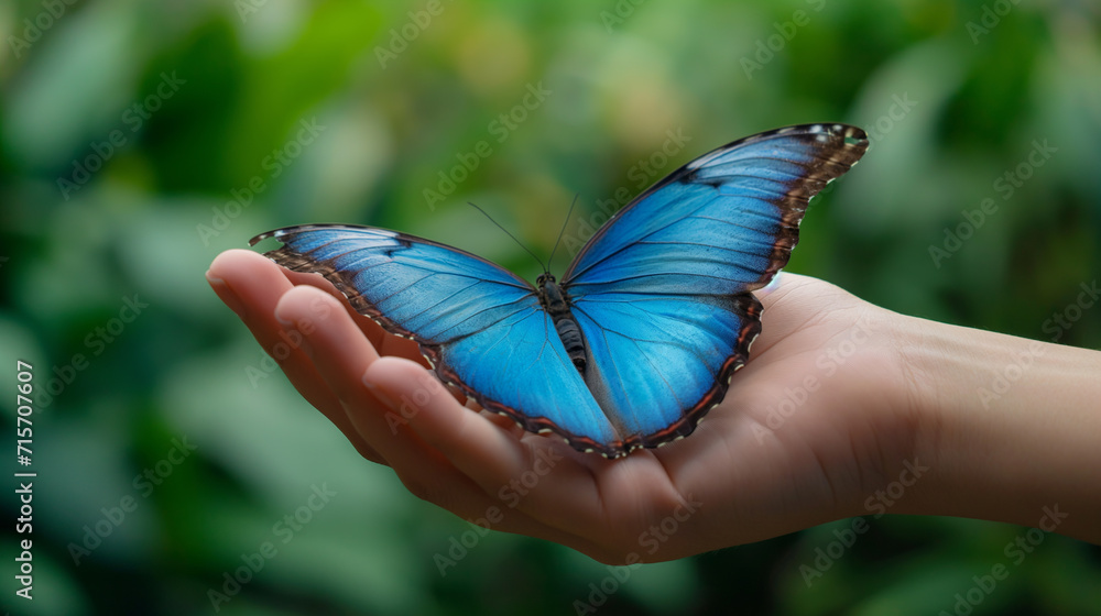Interaction délicate entre une main humaine et un papillon Morpho bleu ...