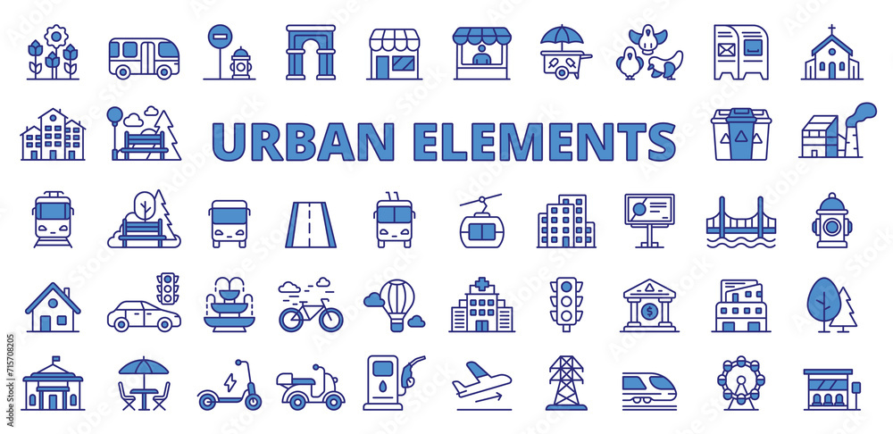 Urban icons in line design blue. City, country, town, infrastructure ...