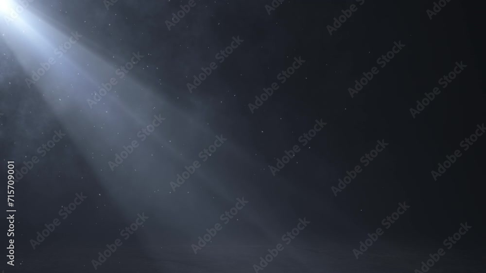 Light is turned on from darkness. Flare light beam with smoke and dust ...
