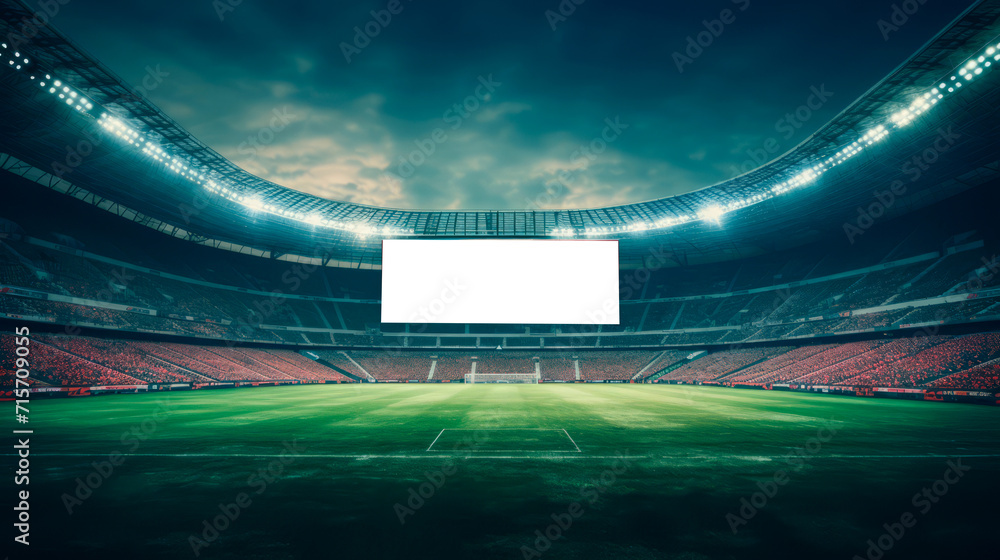 Impressive stadium with massive blank mockup scoreboard screen under ...