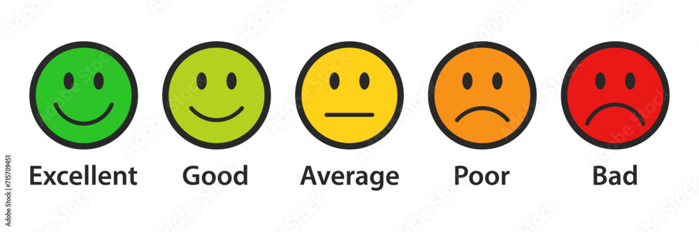 Rating emojis set in different colors with black outline. Feedback ...