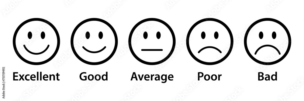 Rating emojis set in black with outline. Feedback emoticons collection ...