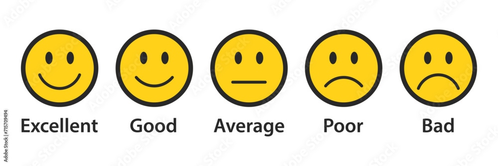 Rating emojis set in yellow color with black outline. Feedback ...