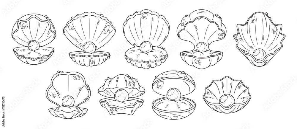 Open Shell With Pearl Outline Vector Icons Set, Features Elegant And ...